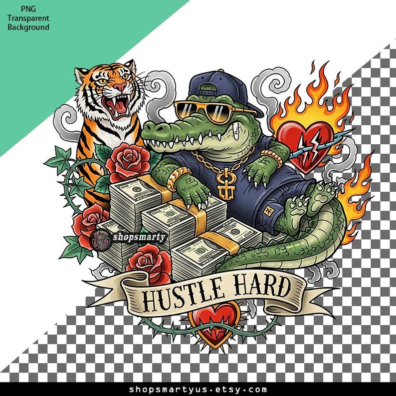 Hustle Tattoo Style T-SHIRT Design PNG Download, Vibrant Urban ...