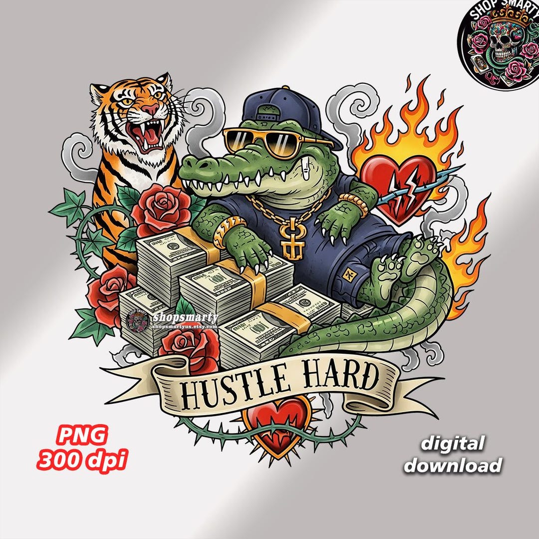 Hustle Tattoo Style T-SHIRT Design PNG Download, Vibrant Urban ...