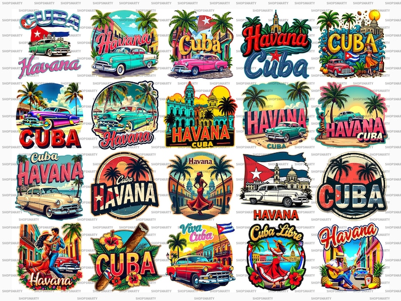 Cuba Havana 20 PNG Bundle Vibrant Digital Art Colorful Print Home Decor ...