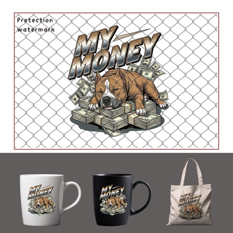 Pitbull tumbado sobre dinero (PNG), diseño de camiseta humorístico ...