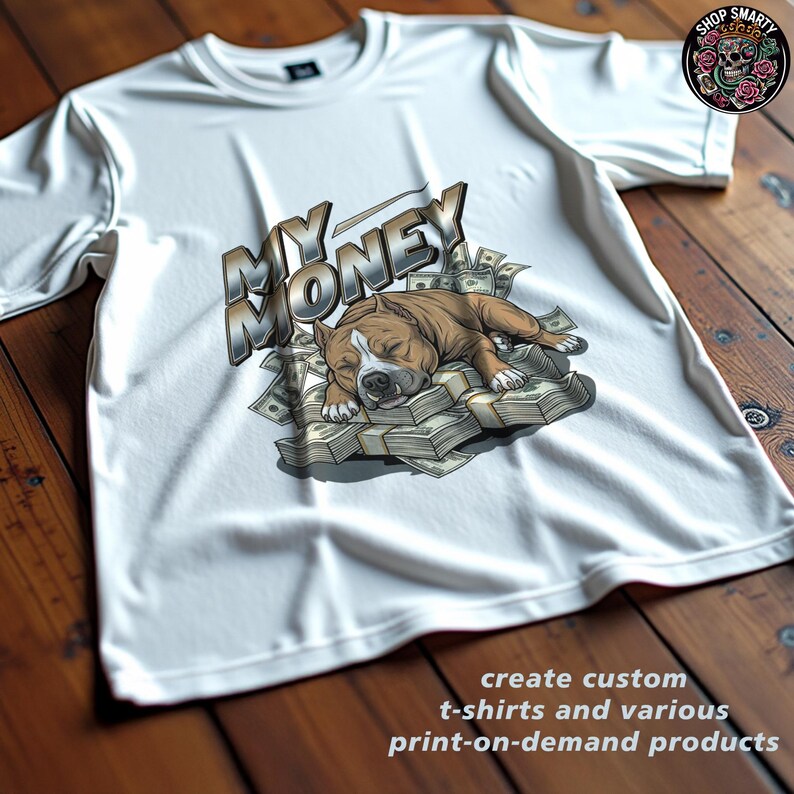 Pitbull tumbado sobre dinero (PNG), diseño de camiseta humorístico ...