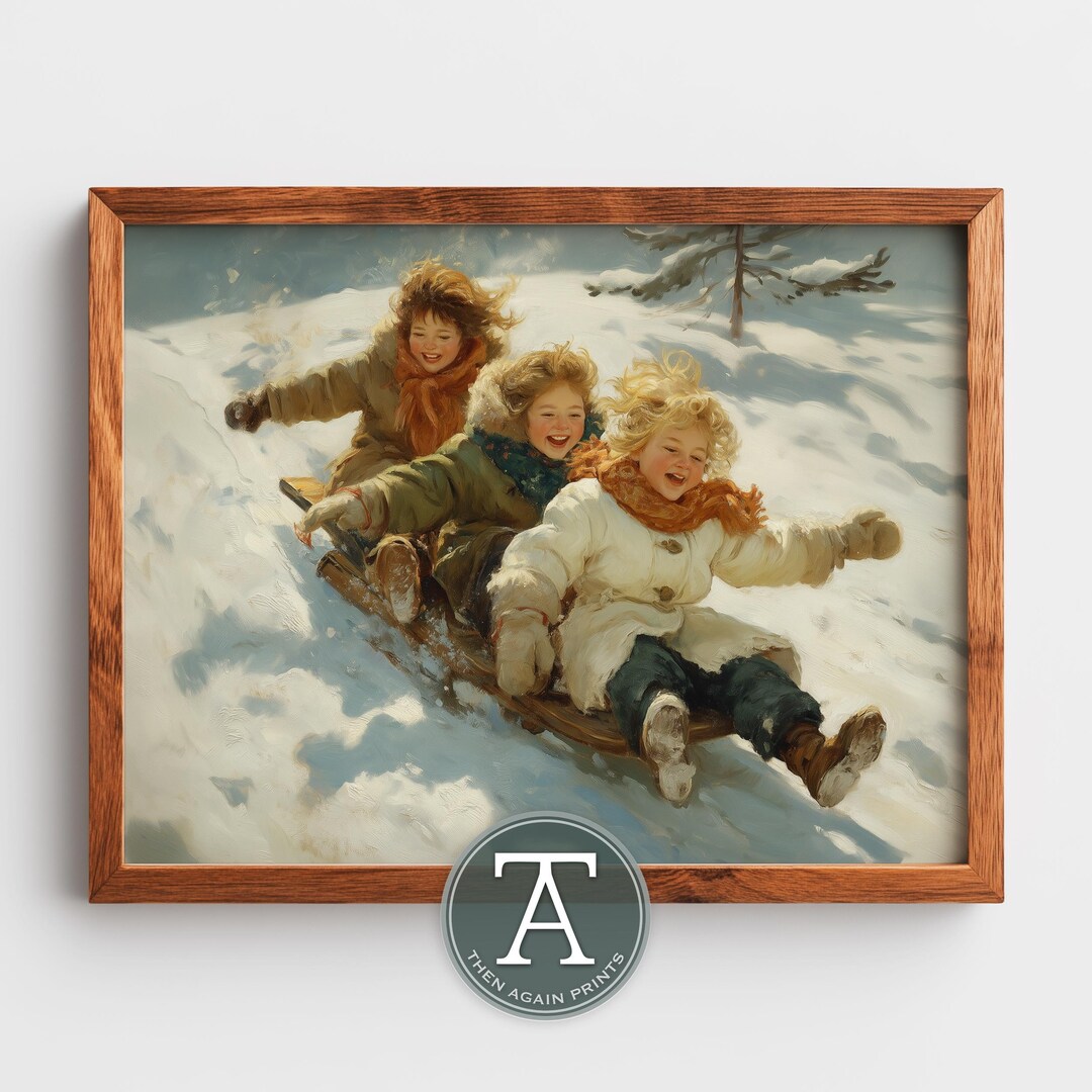Children Sledding Printable Art, Winter Fun Wall Decor, Cozy Family ...