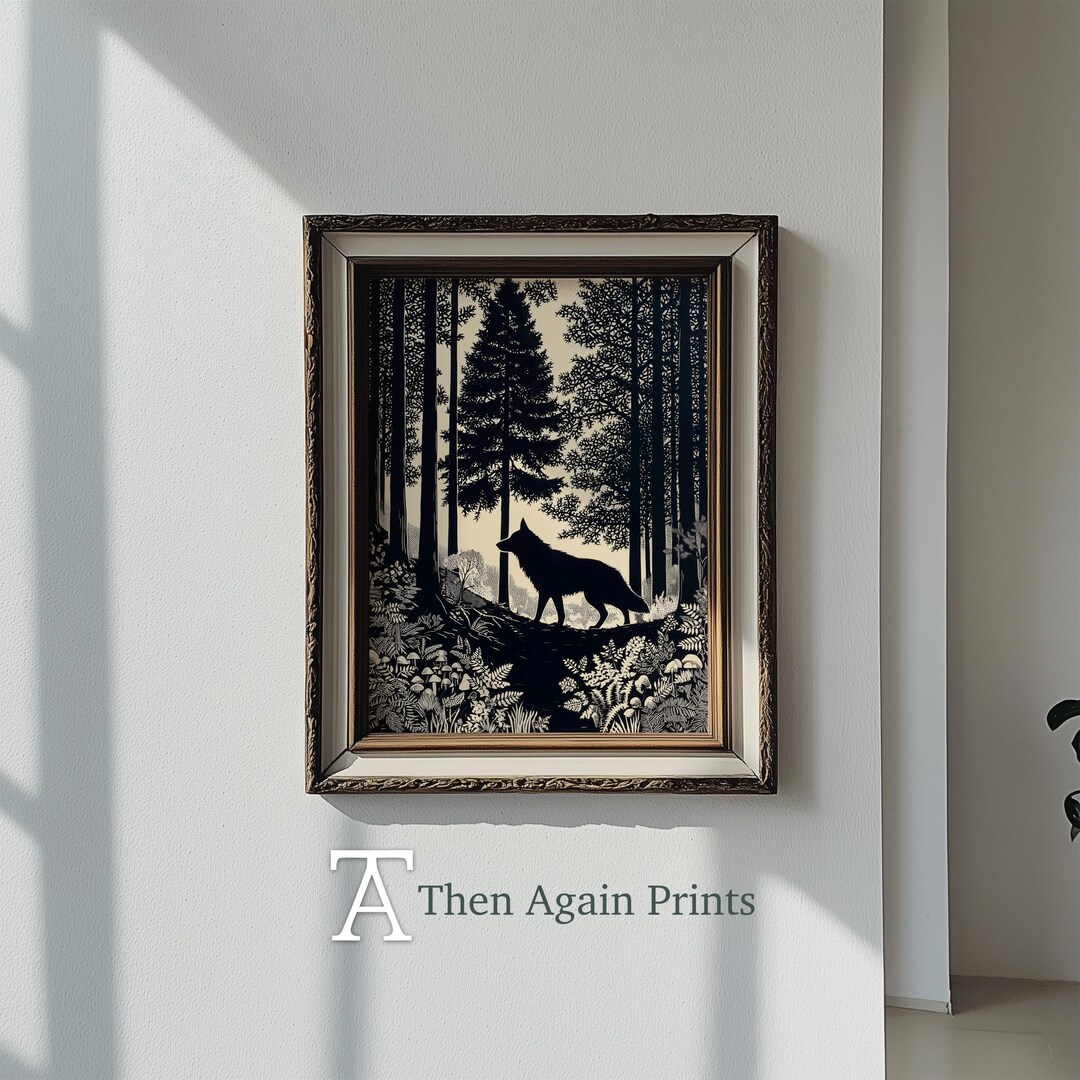 Wolf Dog Forest Linocut - Silhouette Art Print, Vintage Linocut ...