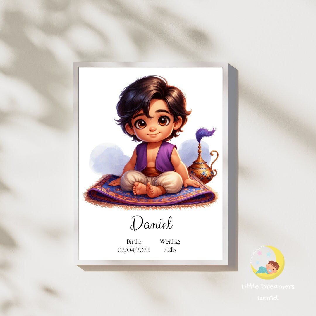 Aladdin Disney Wall Art, Custom Watercolor Baby Gift, Personalized Kid ...