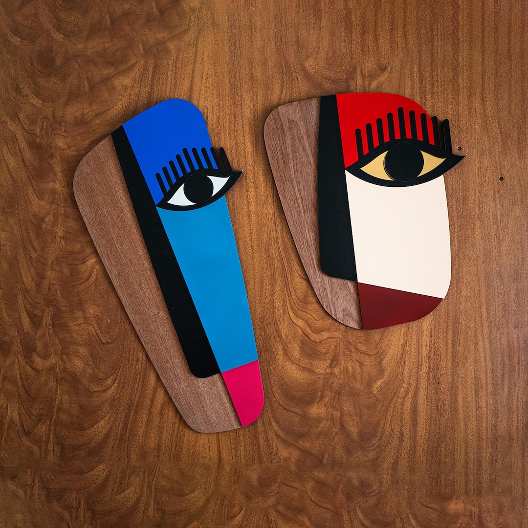 Set of 2 Modern Abstract Wall Art - Colorful Wooden Face Masks ...
