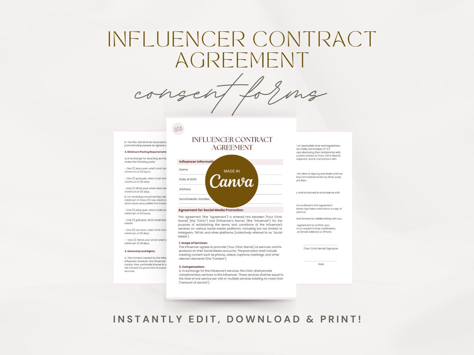 Editable Influencer Contract Agreement Consent Form Template - Etsy