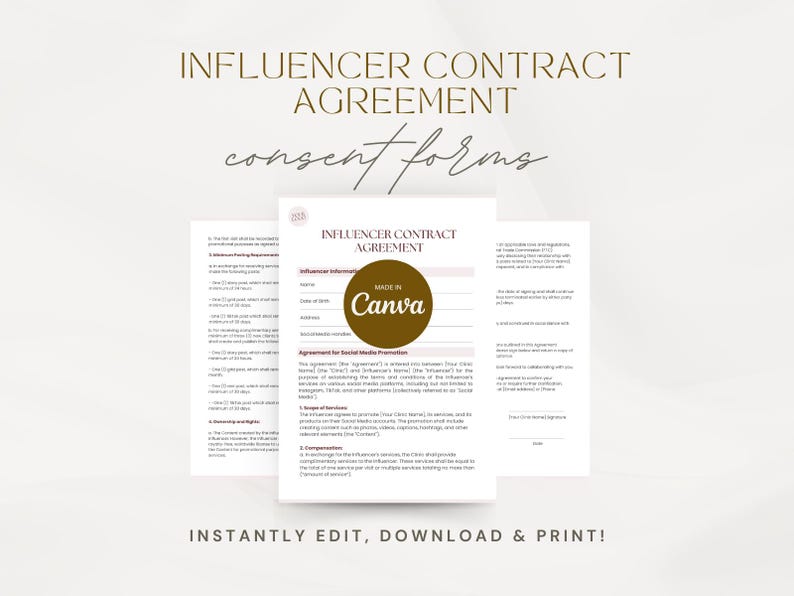 Editable Influencer Contract Agreement Consent Form Template - Etsy