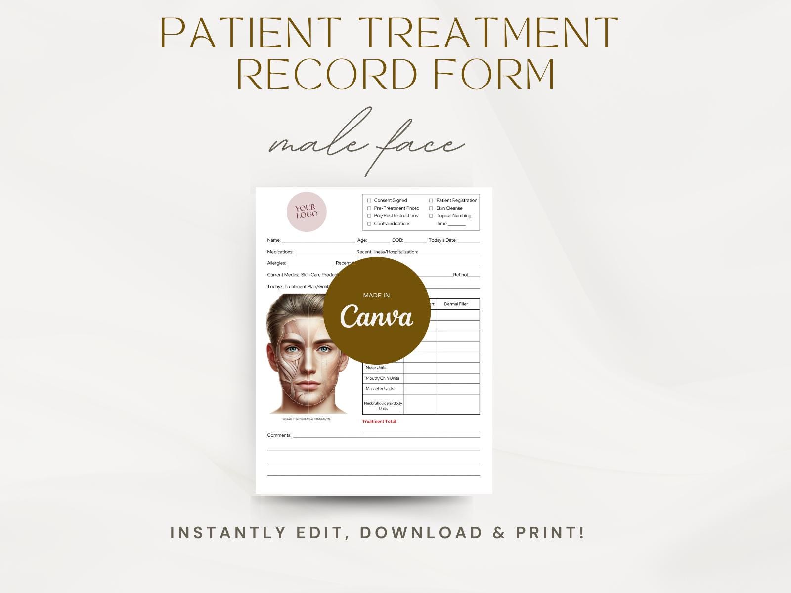 Editable Male Patient Treatment Record Face Chart - Etsy