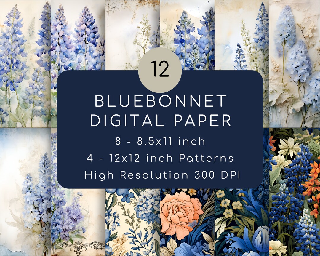 Bluebonnet Patterns and Digital Junk Journal Paper, Watercolor Vintage ...
