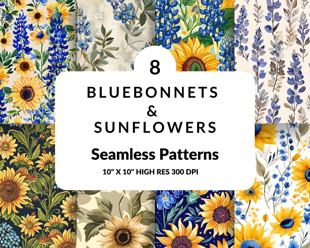 Bluebonnet Sunflower Seamless Patterns Bundle of 8 Floral Illustration ...