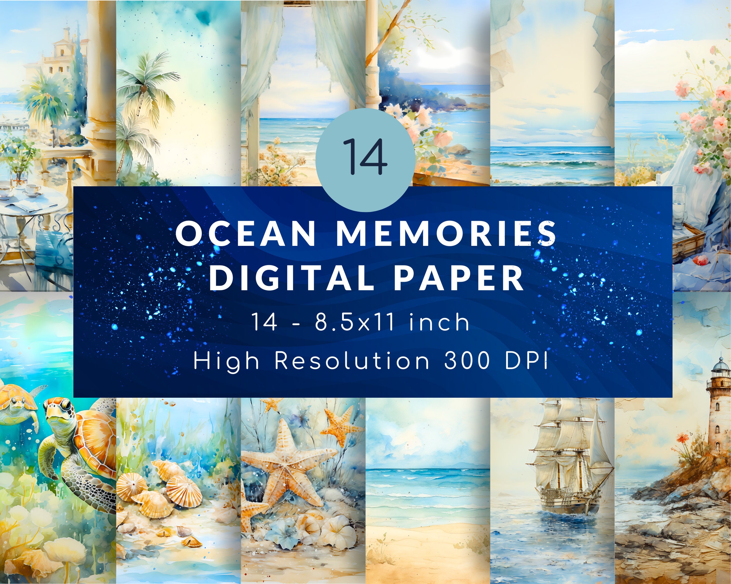 Blue Ocean Nautical Sea Themed Junk Journal Pages, Watercolor Printable ...