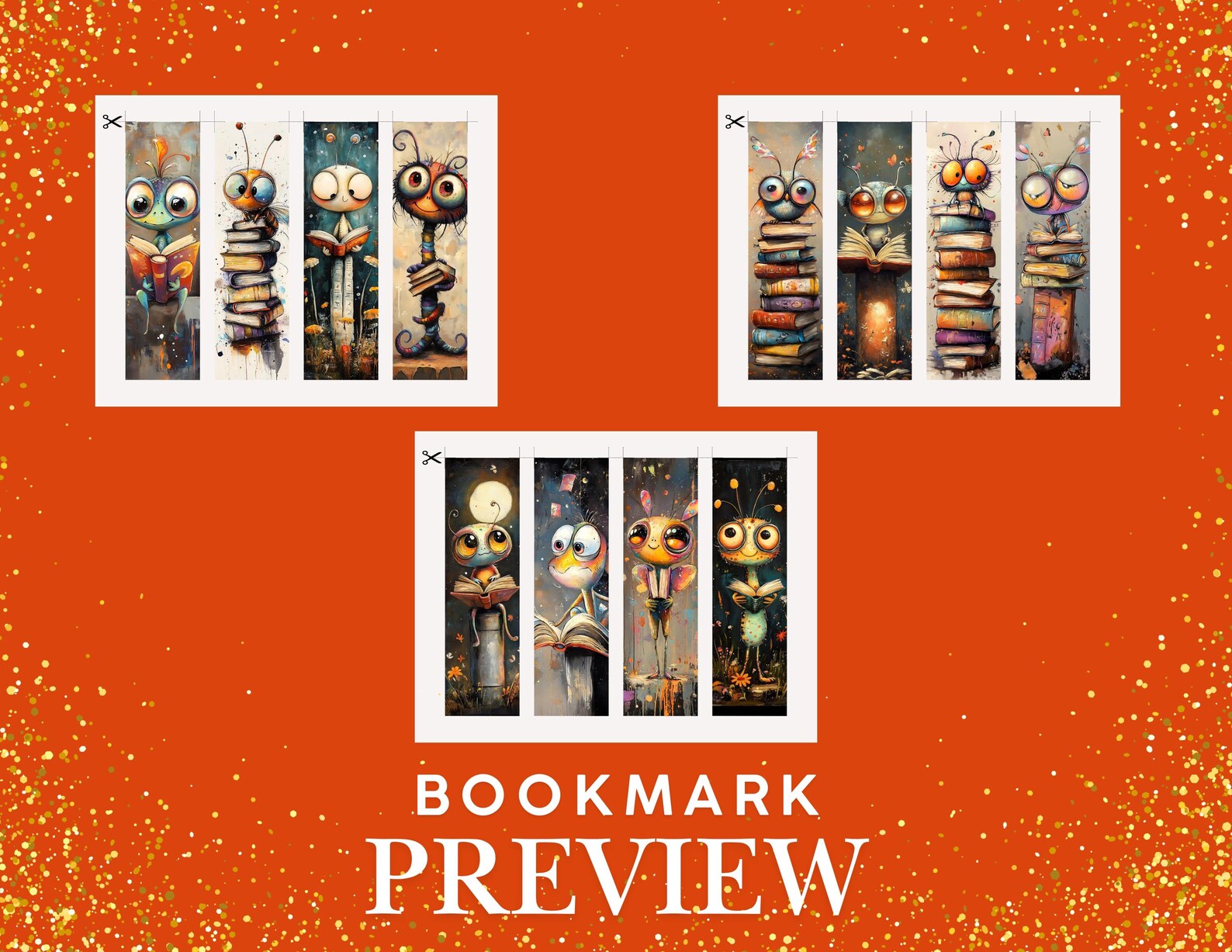 Whimsical Bookworm Bookmark Designs, Printable Cute Bookmark Bundle ...