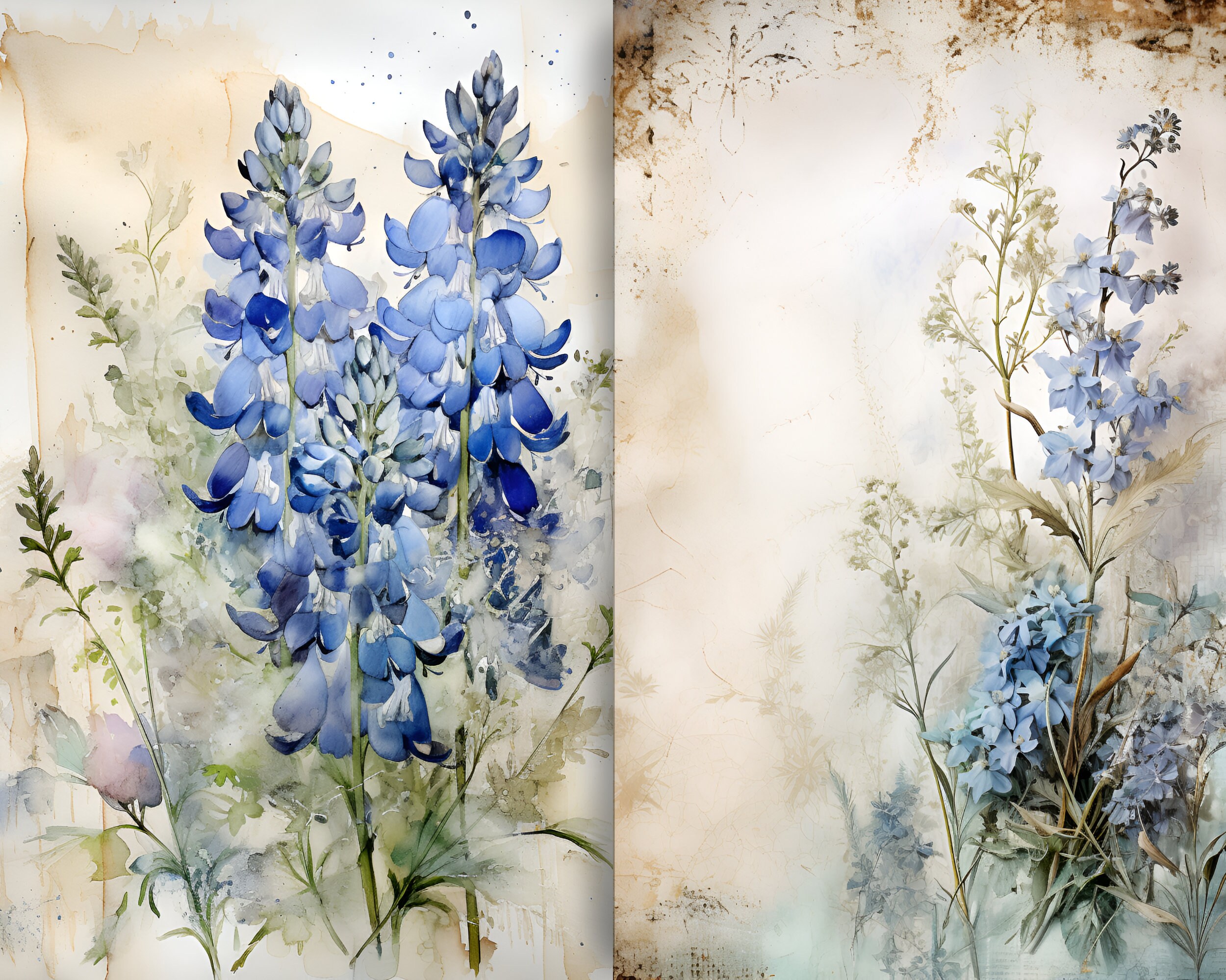 Bluebonnet Patterns and Digital Junk Journal Paper, Watercolor Vintage ...
