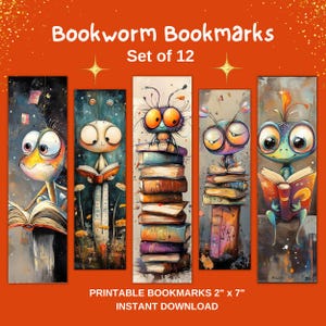 Whimsical Bookworm Bookmark Designs, Printable Cute Bookmark Bundle ...