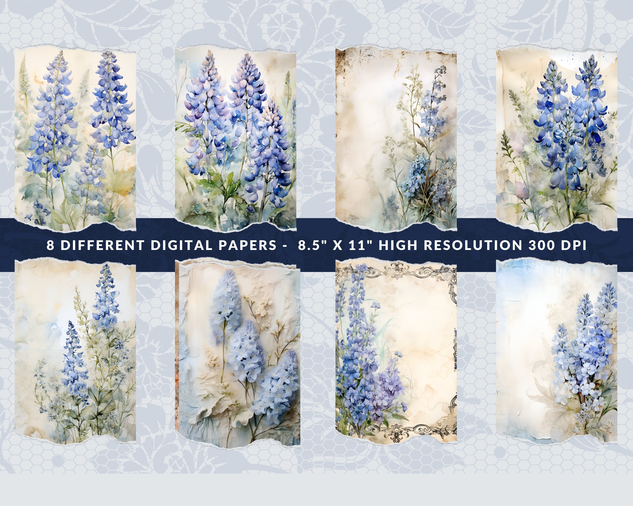 Bluebonnet Patterns and Digital Junk Journal Paper, Watercolor Vintage ...
