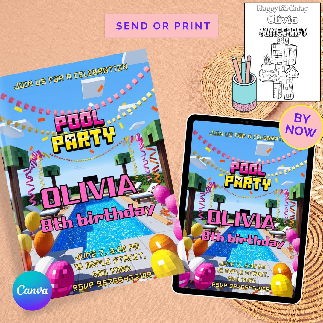 Editable Minecraft Pool Party Invitation Digital Download Minecrafter ...