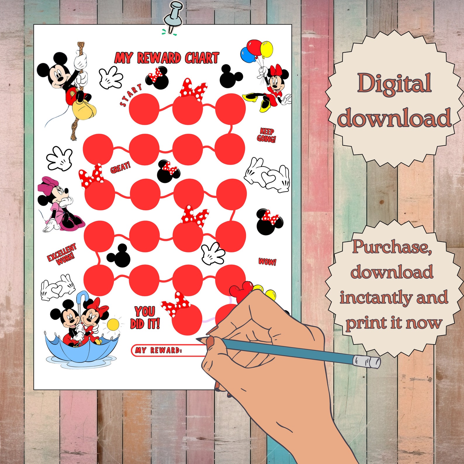 Mickey & Minnie Mouse Reward Chart for Kids Cute Rainbow Reward Chore ...