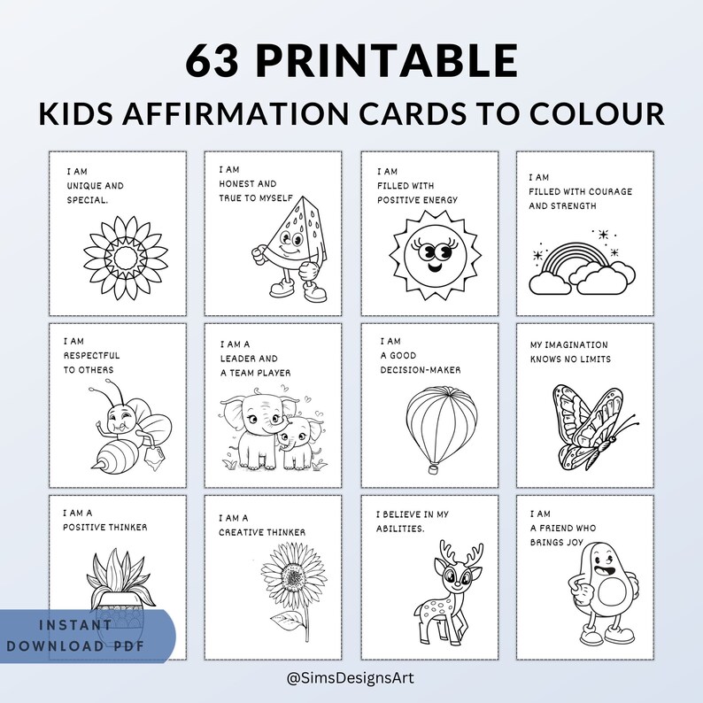 63 Printable Positive Affirmation Cards to Color for Kids, Motivational ...
