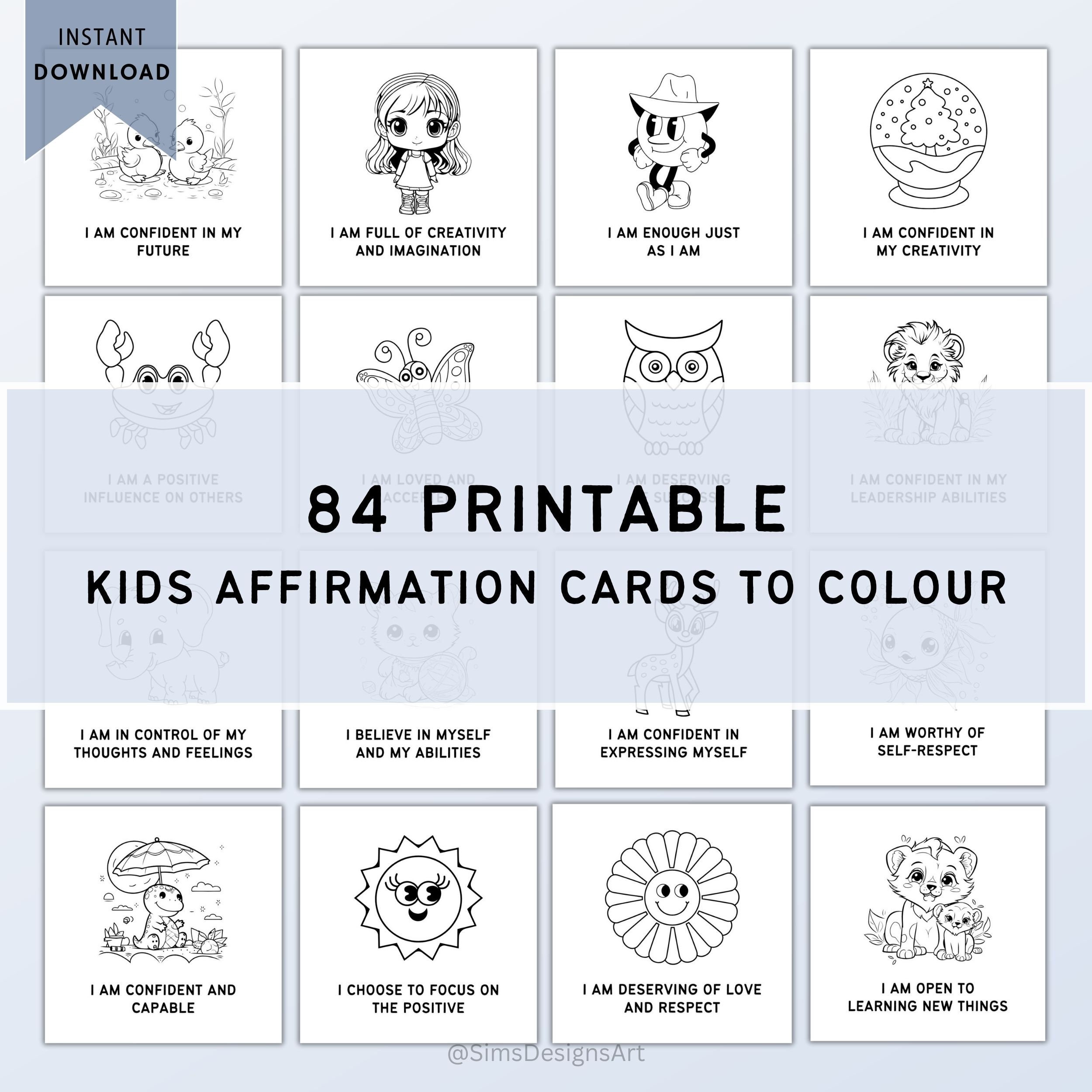 84 Printable Affirmation Cards to Color for Kids, Kids Affirmations for ...