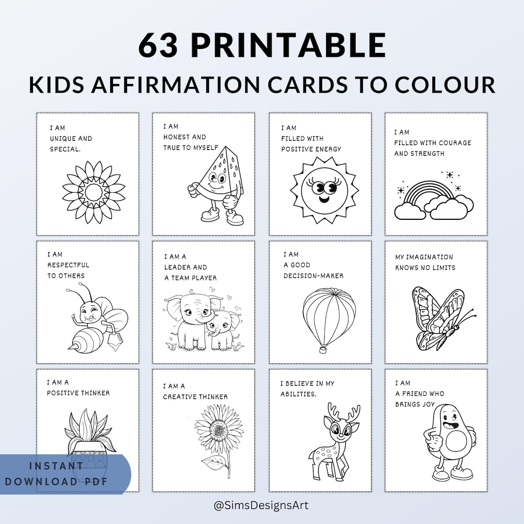 63 Printable Positive Affirmation Cards to Color for Kids, Motivational ...