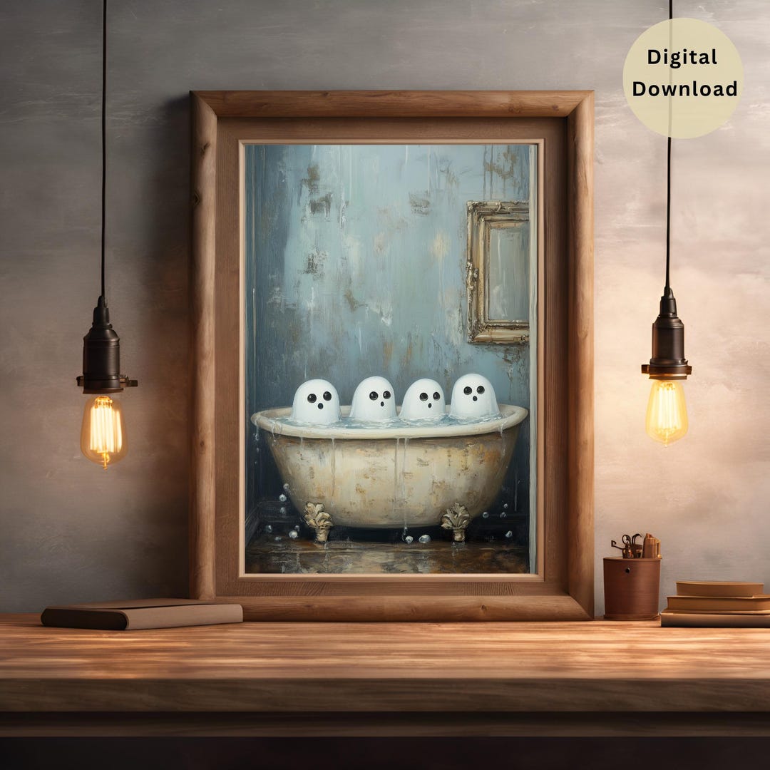 Cute Ghosts in Victorian Bathtub Digital Print - Whimsical Halloween ...