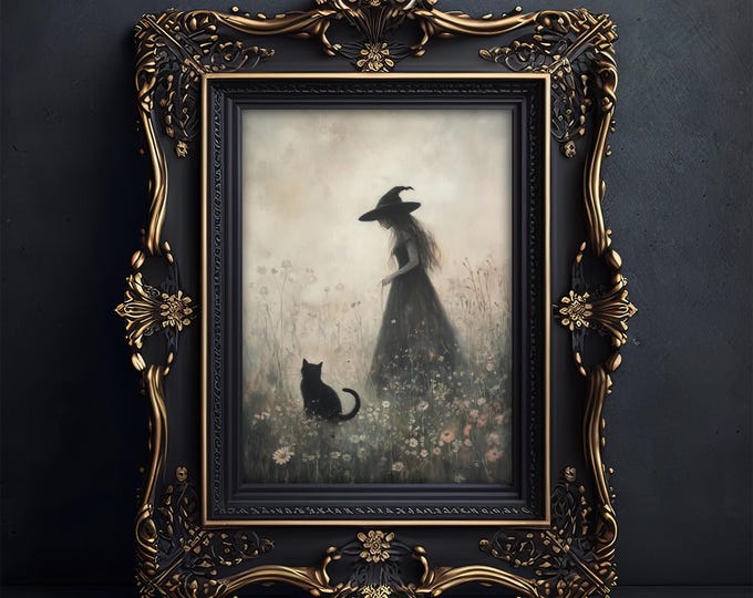 Witch in a Field With Black Cat Poster, Halloween Wall Art, Witchy Art ...