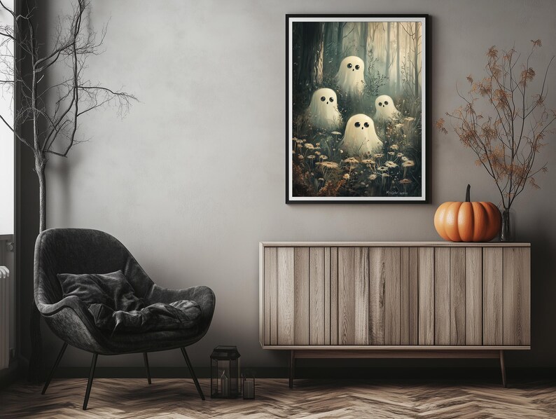 Whimsical Ghosts in Enchanted Forest Cute Halloween Wall Art Print ...