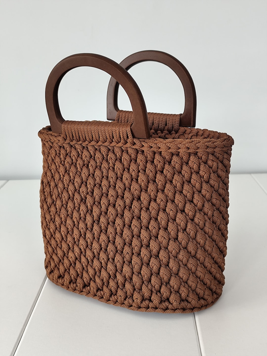 Crochet Tote Bag, Top Handle Handbag, Wooden Handle Bag, Small Handbag ...