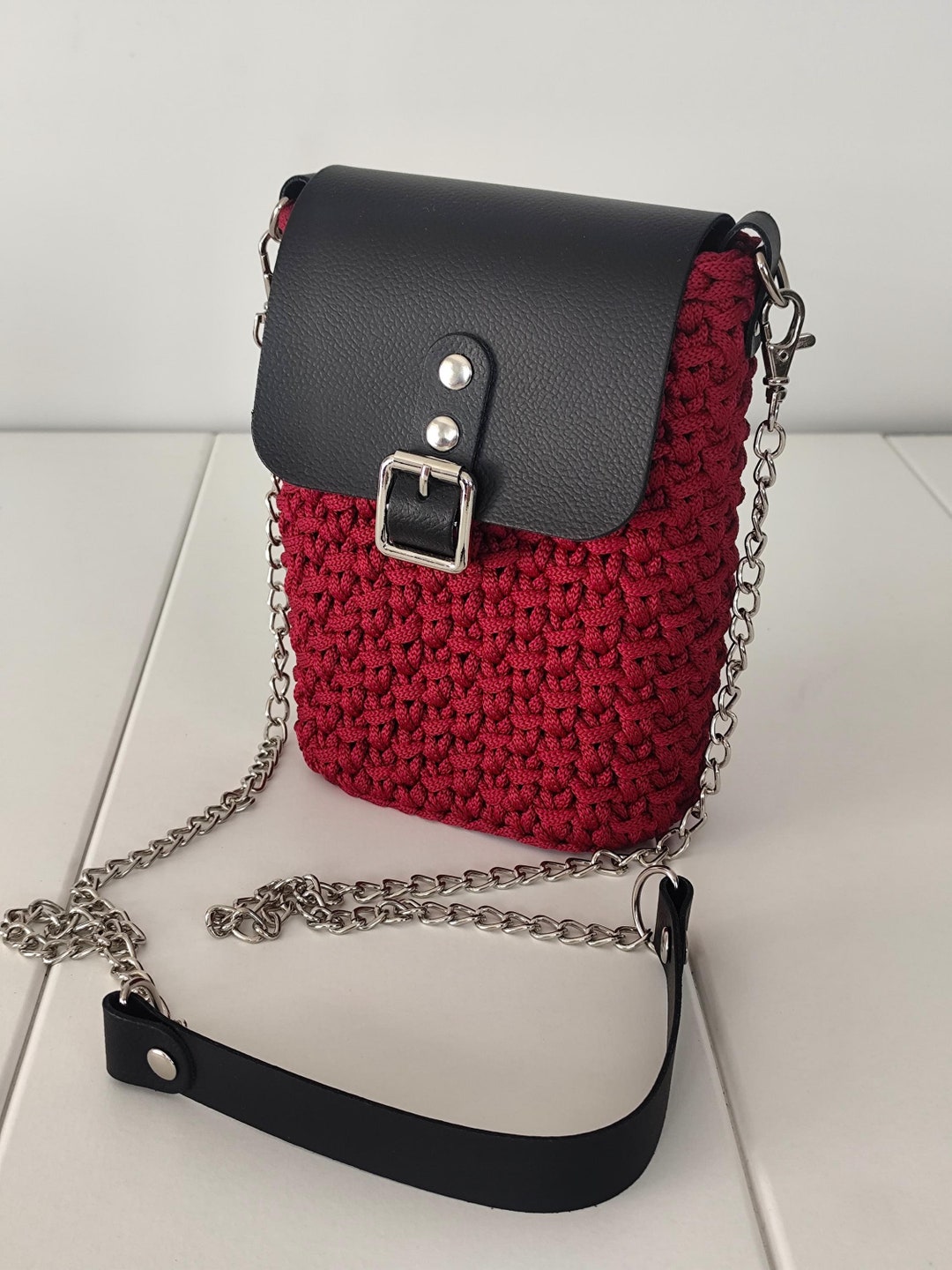 Red Crochet Crossbody Phone Bag Small Phone Pouch With Leather Flap ...