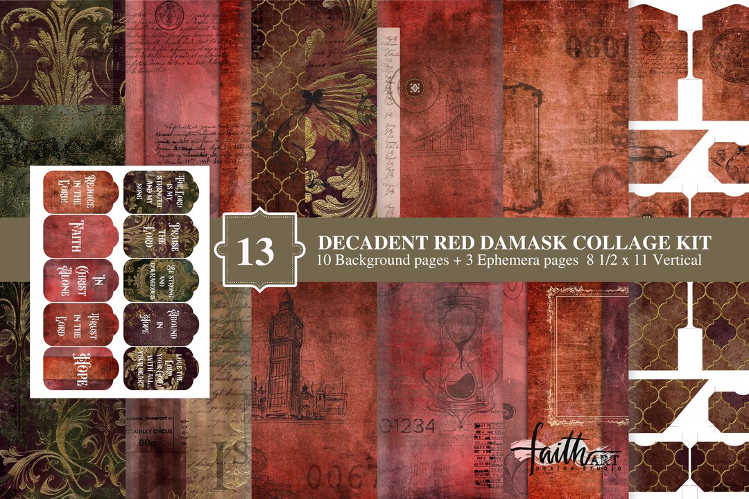Collage Decadent Red Damask Grungy Junk Journal Kit| Scrapbooking ...