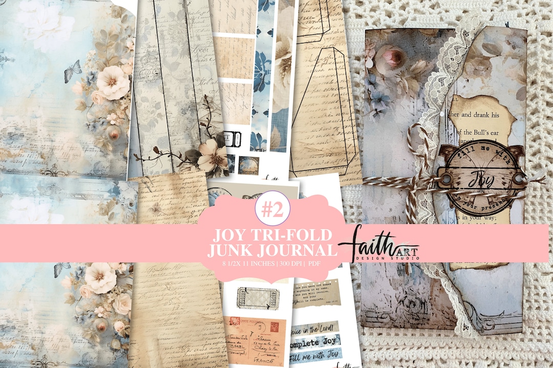Joy Tri-fold Folio Journal #2 Blue Blossoms Scrapbooking | Junk Journal ...