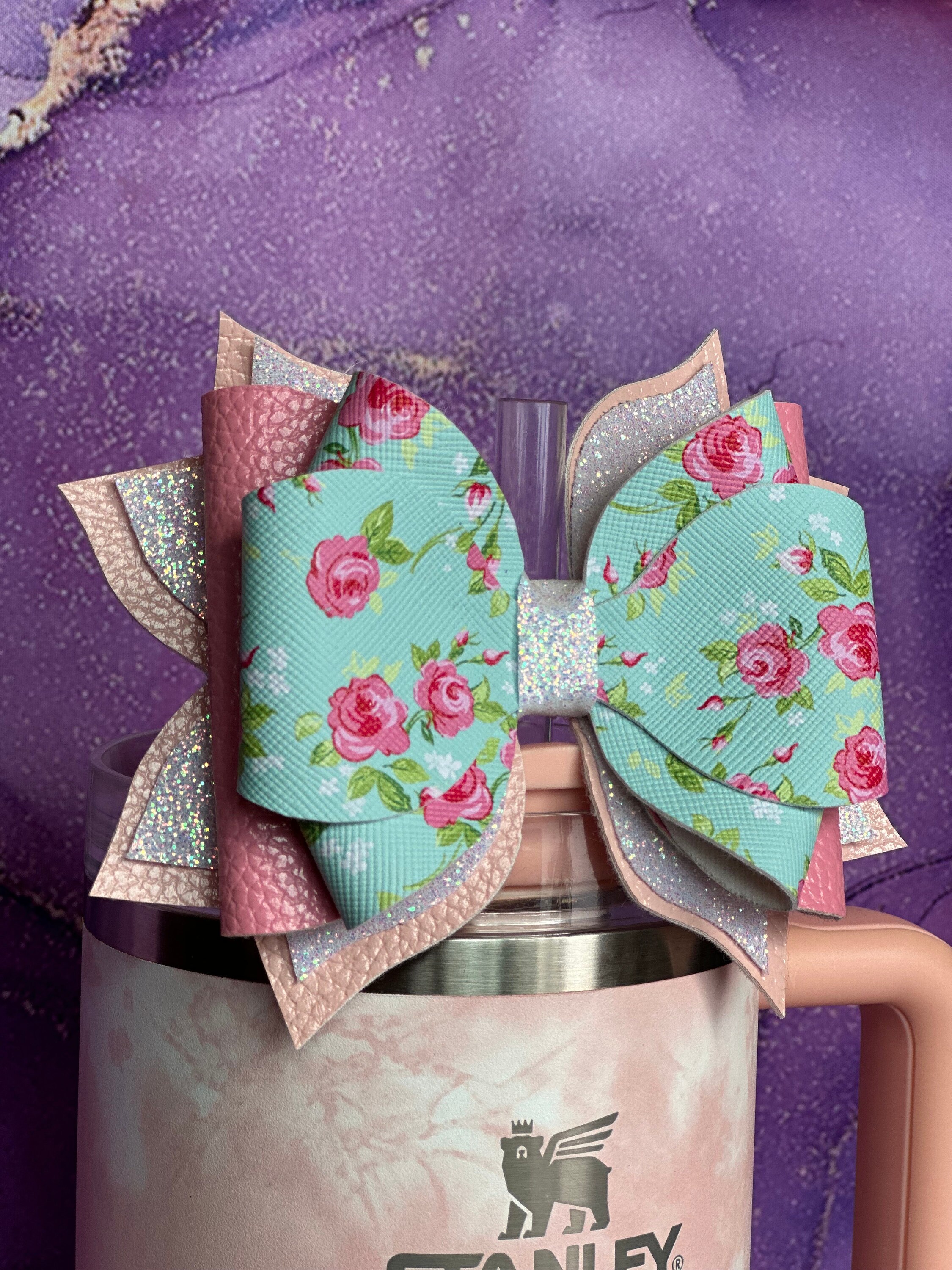 Pink Roses Bow Straw Topper teal - Etsy