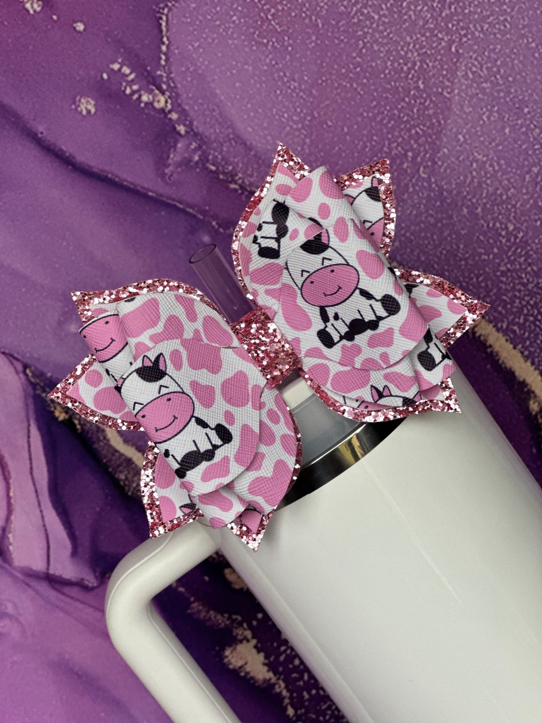 Pink Cow Print Bow Straw Topper 5 - Etsy