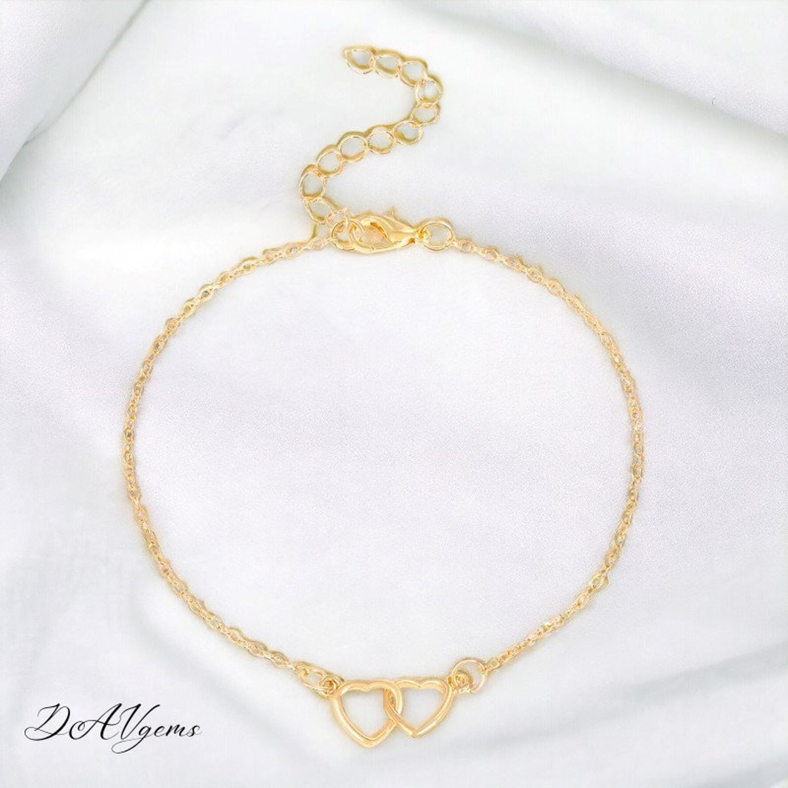 Double Heart Anklet, Love Heart Bonded Pendant, Silver Anklet, Gold ...