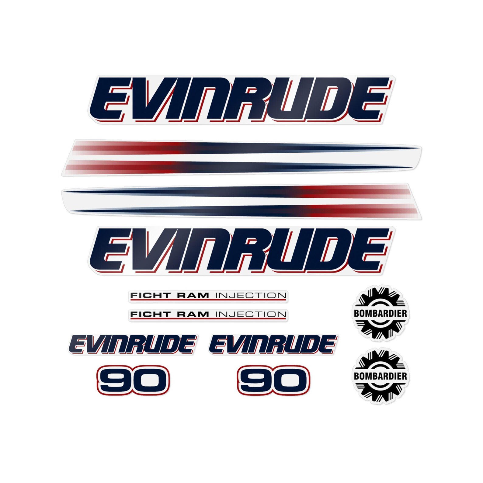 Evinrude 90hp Ficht Ram Outboard Engine Decals Sticker Kit Aftermarket ...