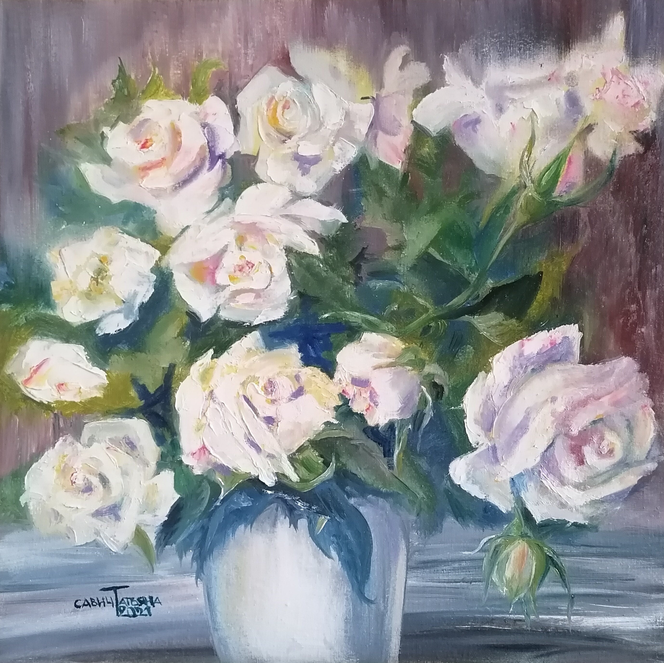 Still Life With Flowers. Oil Painting White Roses in a Vase. Bouquet ...