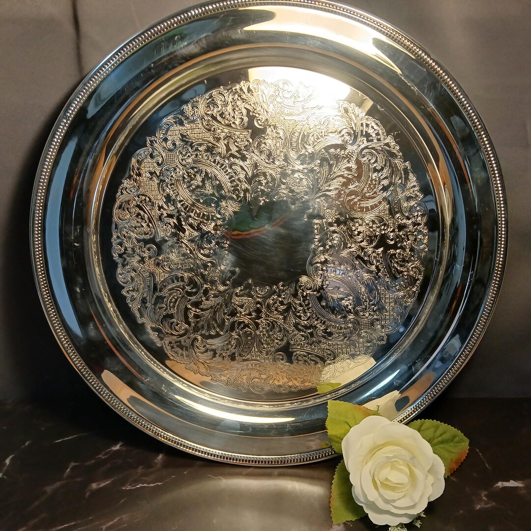 Vintage Oneida Silverplate Tray: Floral Etched Double Coin Edge Platter ...