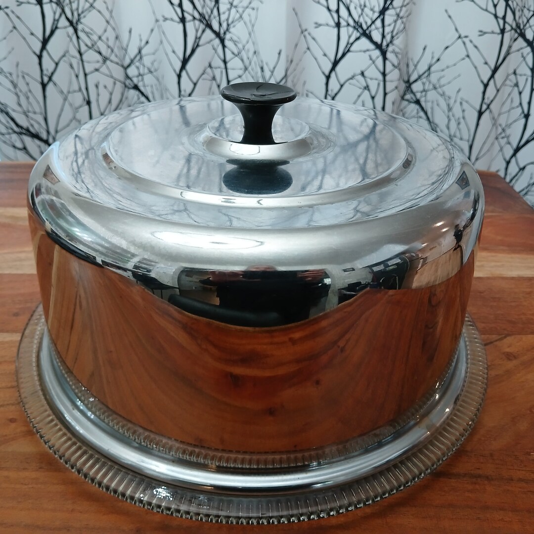 MCM Chrome Domed Cake Cover and 3 Footed Diamond Cut Glass Plate - 1950 ...