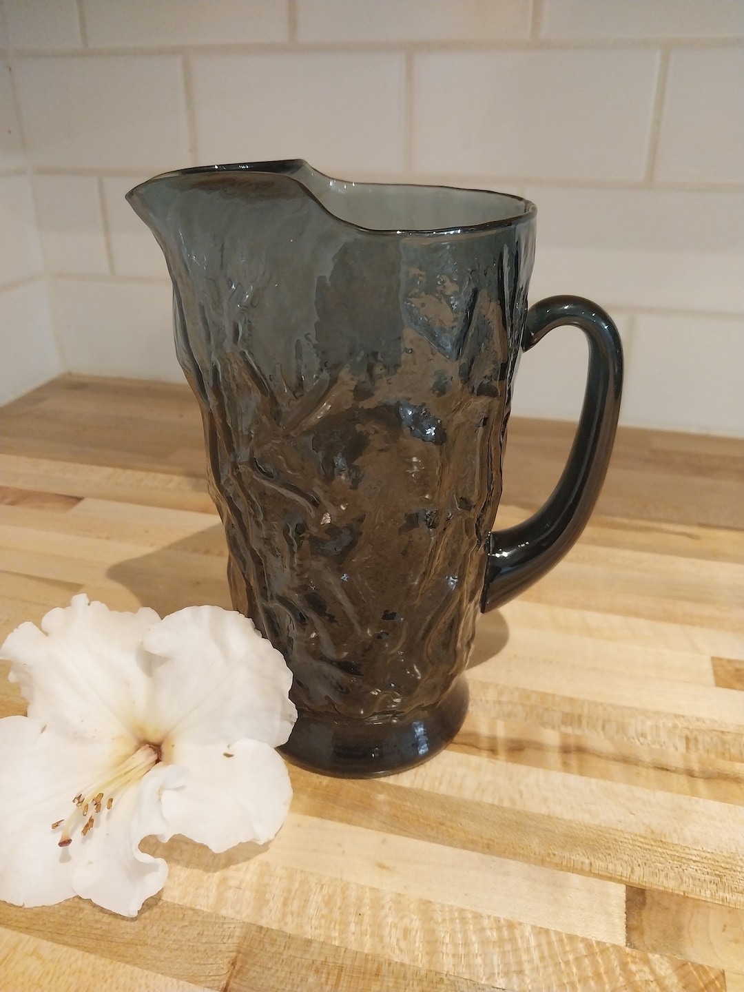 Vintage Smoke Colored Glass Pitcher - Morgantown Crinkle Seneca ...
