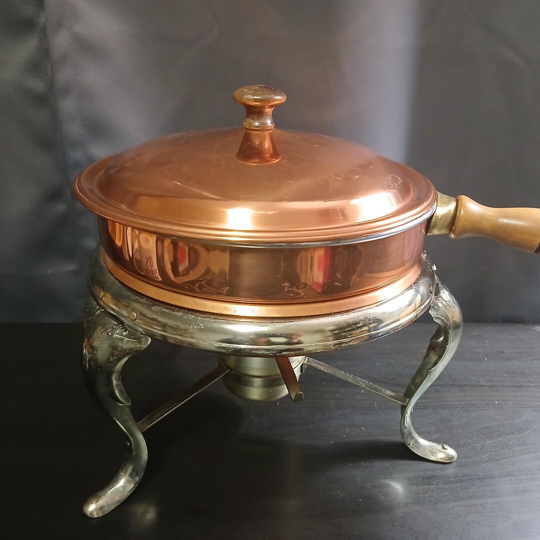 Mid Century Copper & Brass Chafing Dish Set Warming Pan Wood Handle W ...