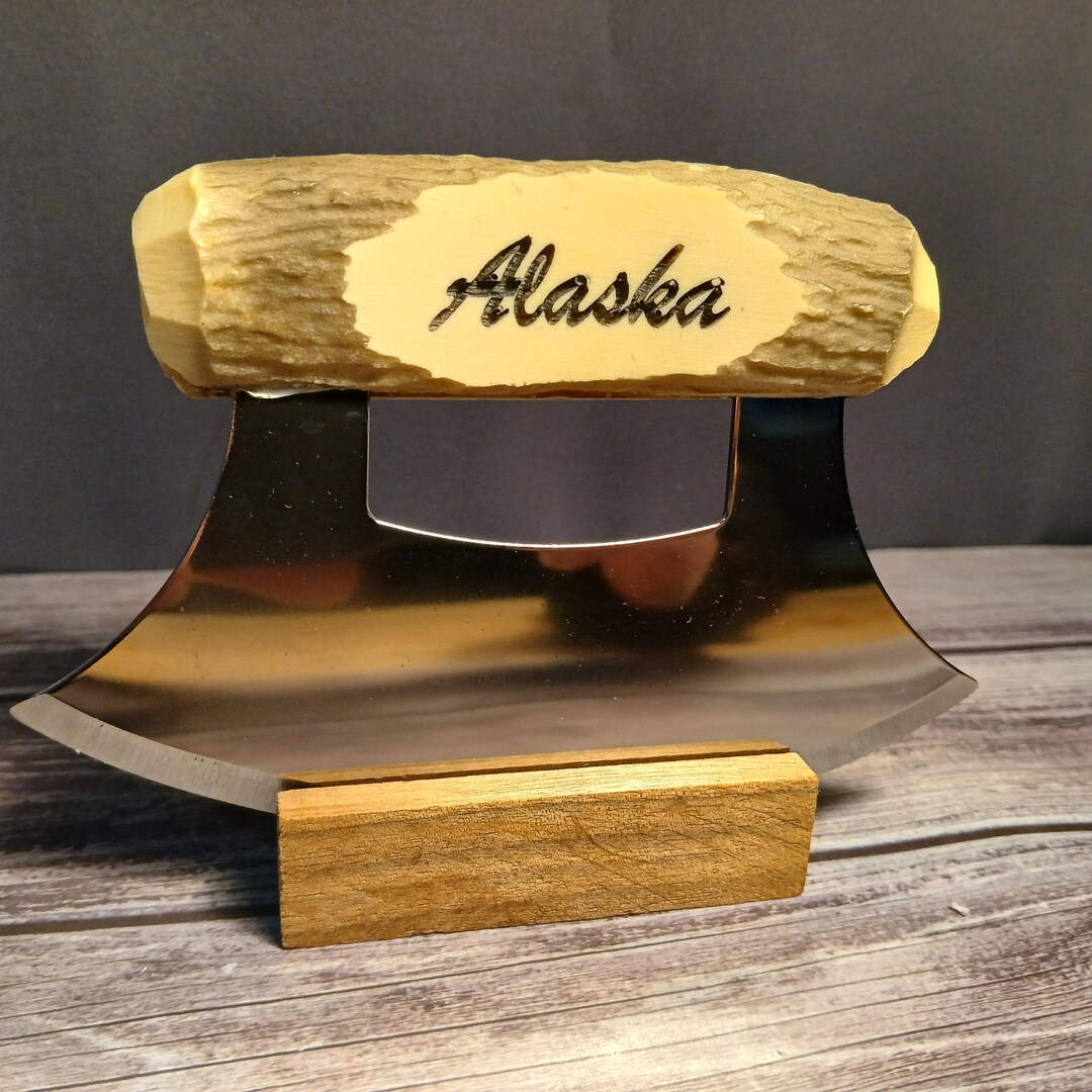 Vintage Alaskan Ulu Knife & Wood Stand. Antler Handle. USED in the ...