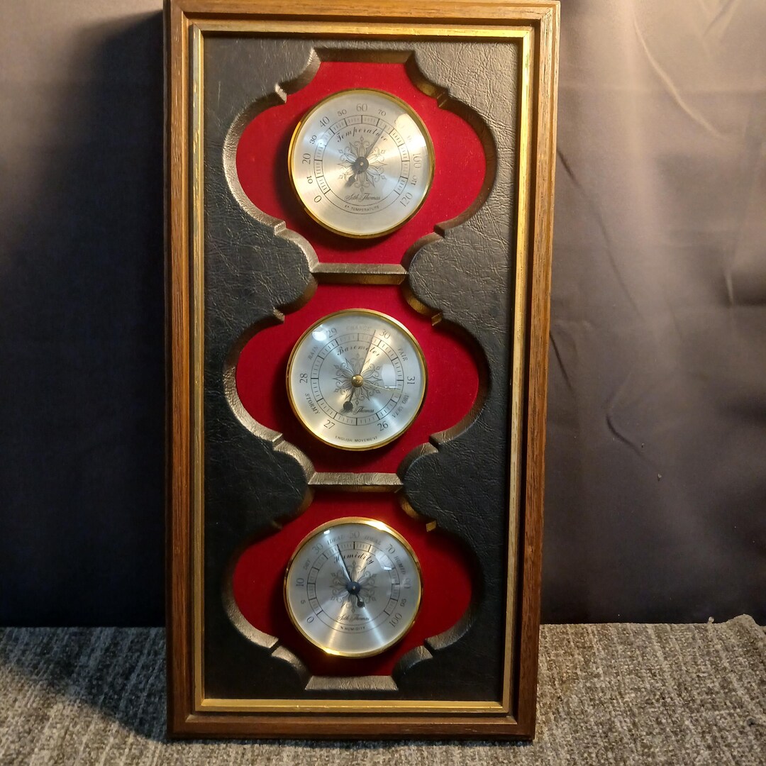 Vintage Seth Thomas Weathermaster: Woodgrain Weather Station With Red ...