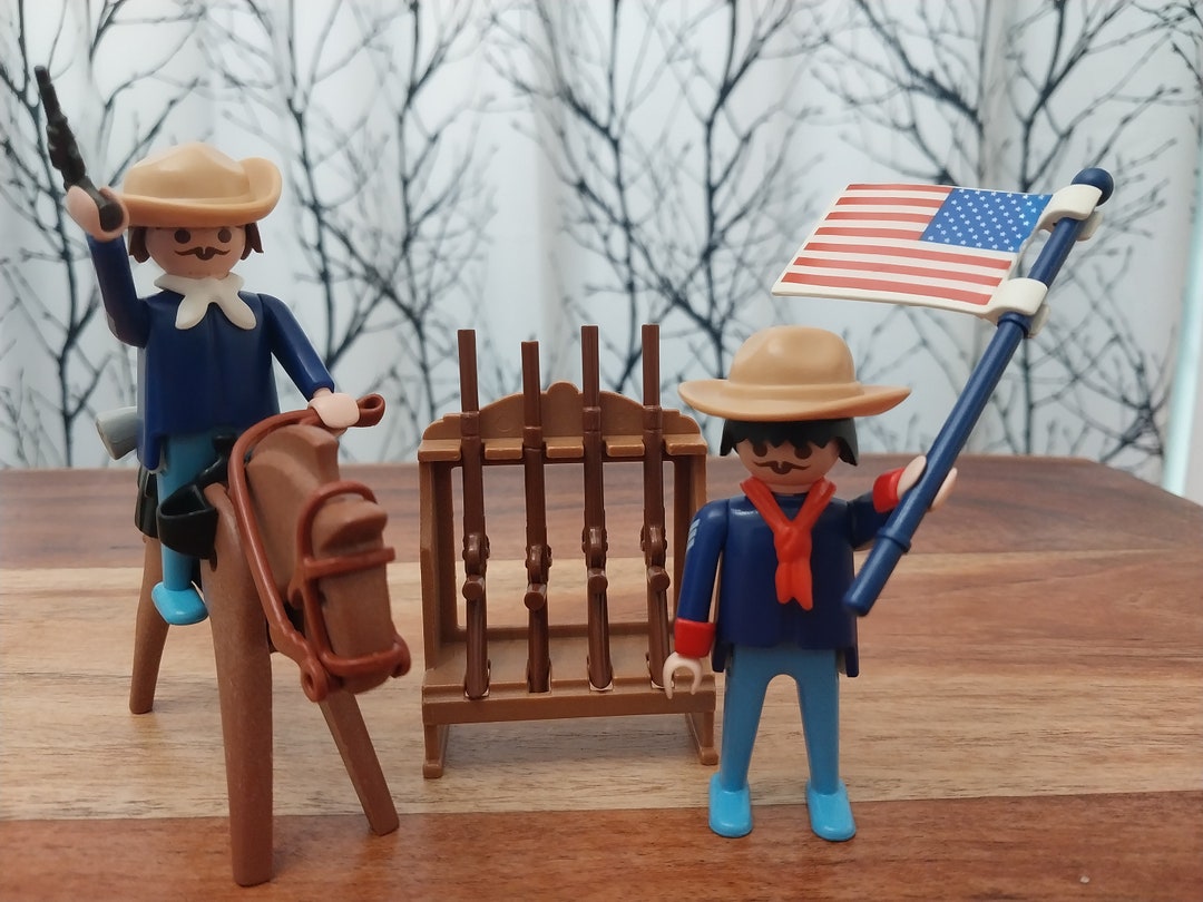 Two Vintage Playmobil Civil War/cavalry Soldiers With Horse, Gunrack ...