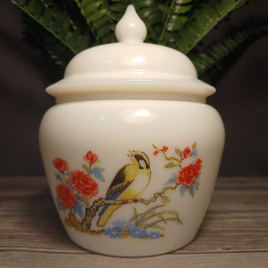 Vintage Avon Dynasty Milk Glass Ginger Jar Candle Holder With Bird and ...