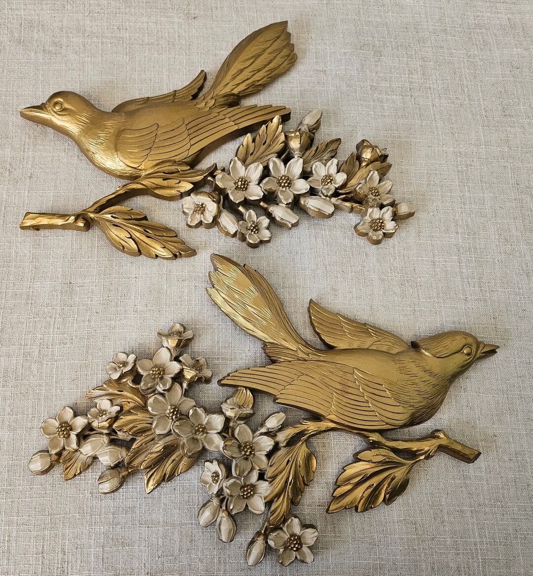 1960's Pair of Syroco Gold Birds Dogwood Floral Branches Wall Plaques ...