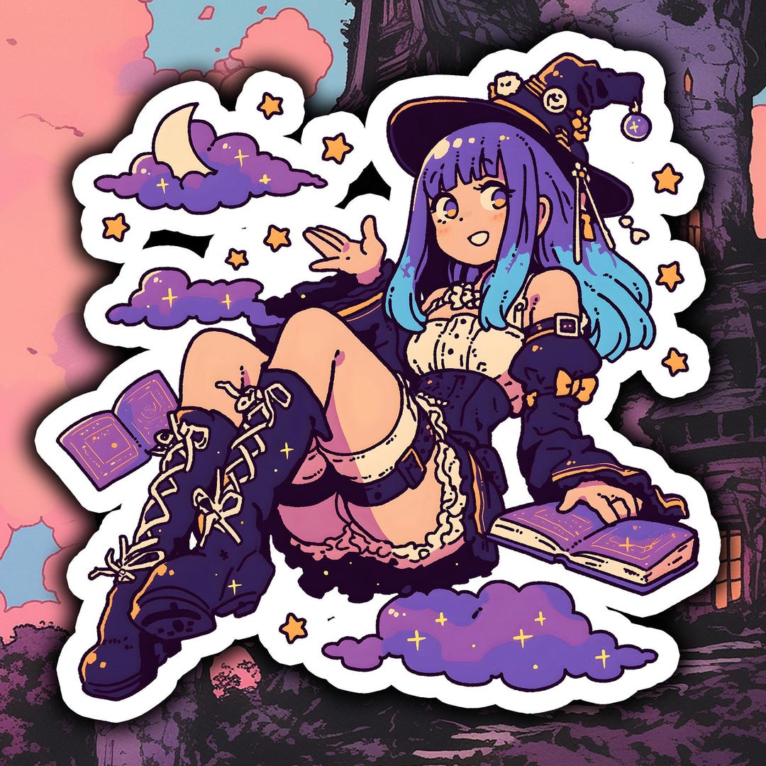 Cheerful Witch Pastel Goth Kiss-cut Stickers, Magical Fantasy Art ...