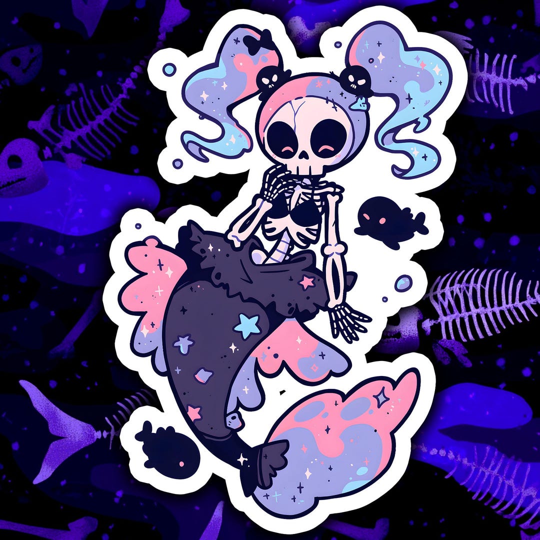 Pastel Goth Skeleton Mermaid Kiss-cut Sticker, Kawaii Horror Sticker ...