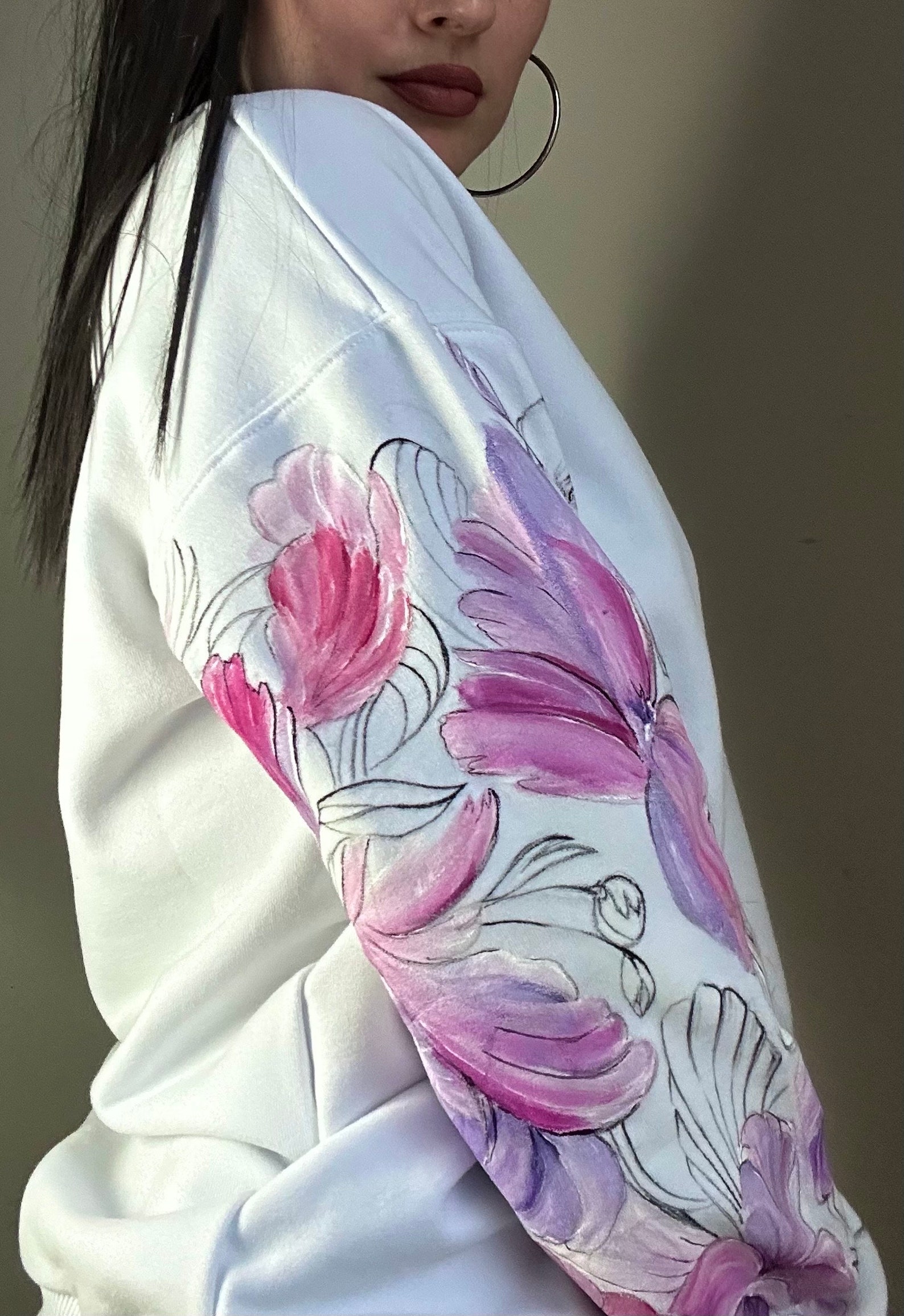 Women's Sweatshirt, Hand Painting Custom Hoodie, Flower Drawing, Hand ...