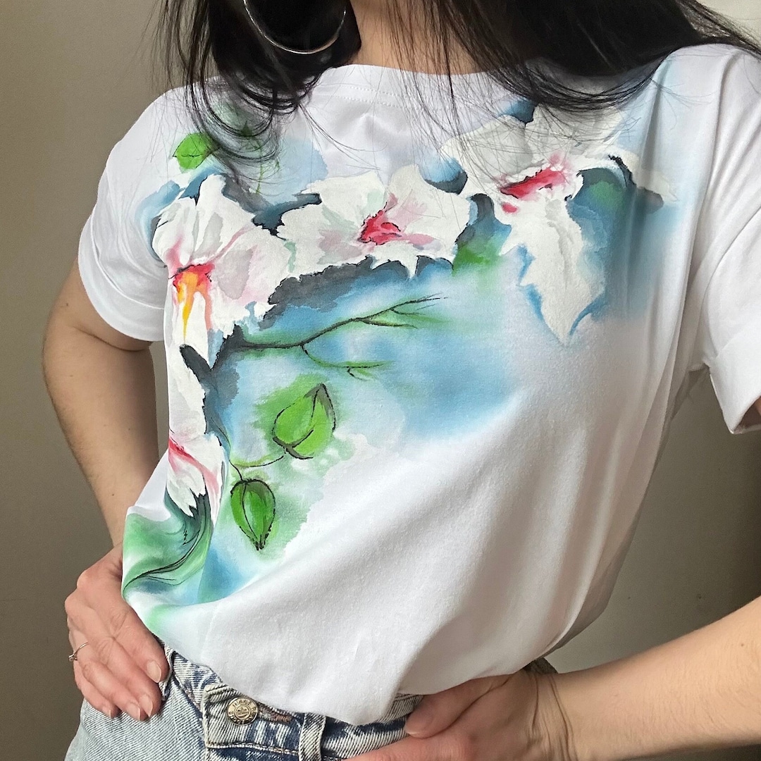 Hand Painted T Shirt, Flowers Painting, Custom Botanical Shirt, White T ...