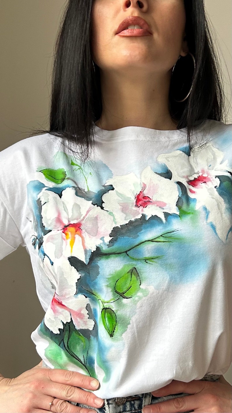 Hand Painted T Shirt, Flowers Painting, Custom Botanical Shirt, White T ...